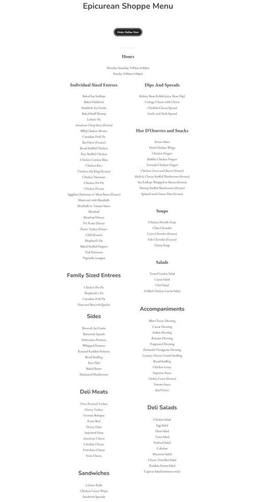 Epicurean Shoppe menu in Peabody, Massachusetts, USA