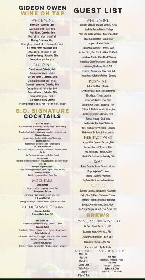 Gideon Owen Wine Company menu in Port Clinton, Ohio, USA