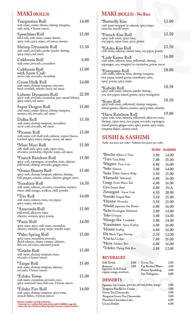 Edoko Sushi & Robata menu in Frisco, Texas, USA