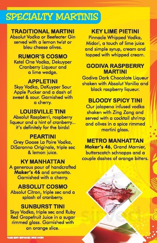 Rumors Restaurant menu in Louisville, Kentucky, USA