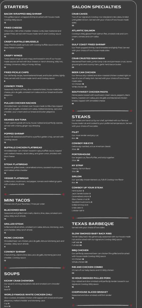 Cowboy Row Saloon & Chophouse menu in Baltimore, Maryland, USA