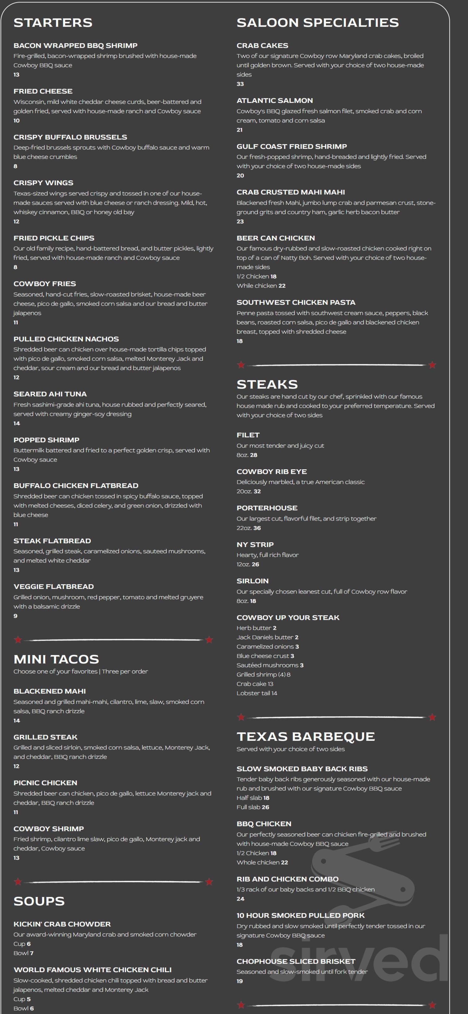 Cowboy Row Saloon & Chophouse menu in Baltimore, Maryland, USA