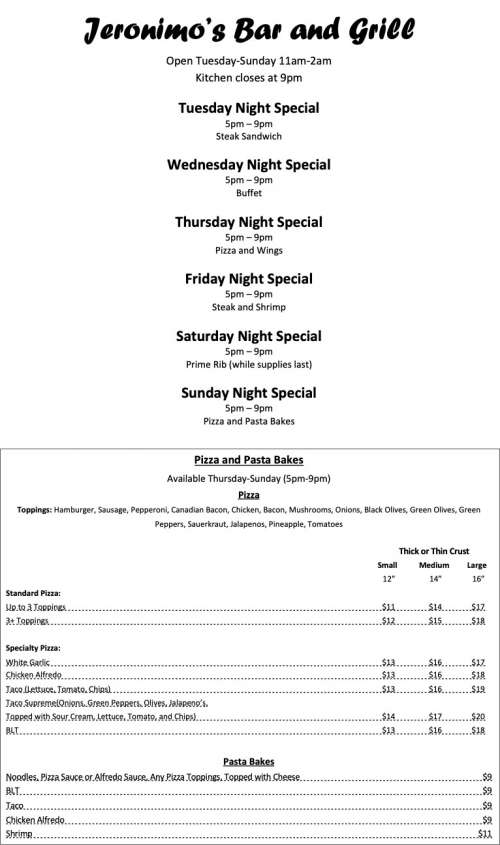 Jeronimo's Bar & Grill menu in Springbrook, Iowa, USA