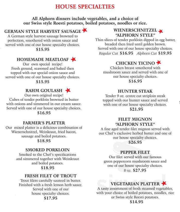 Menu for The Alphorn Restaurant in The Blue Mountains, ON | Sirved