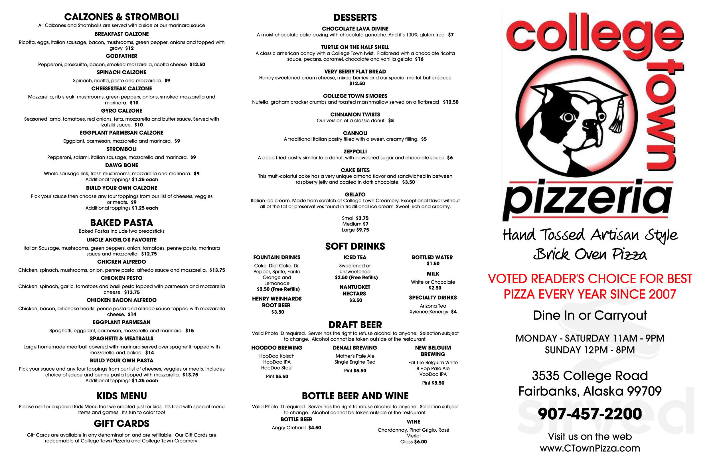 College Town Pizzeria menu in Fairbanks, Alaska, USA