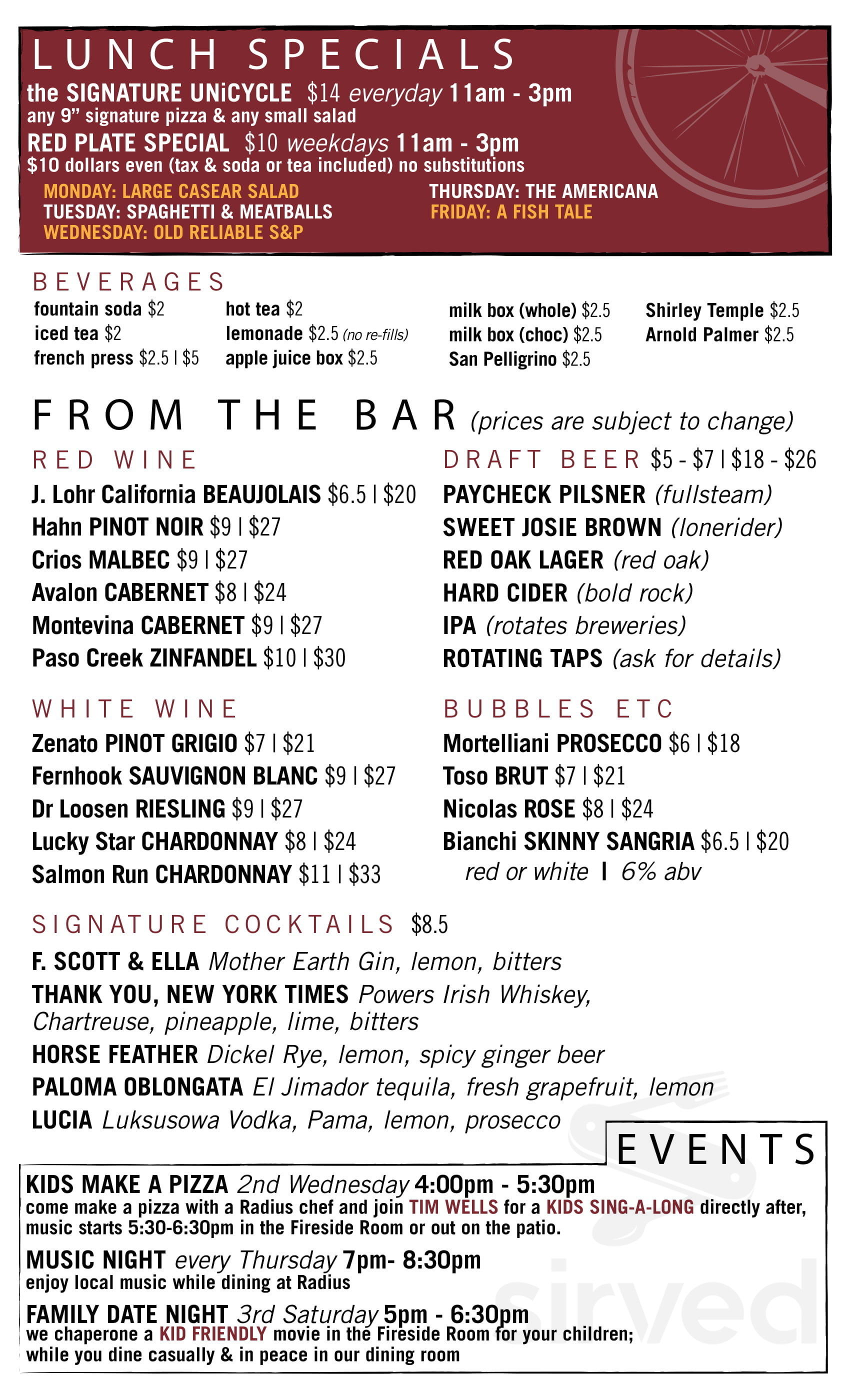 Radius Pizzeria & Pub menu in Hillsborough, North Carolina, USA