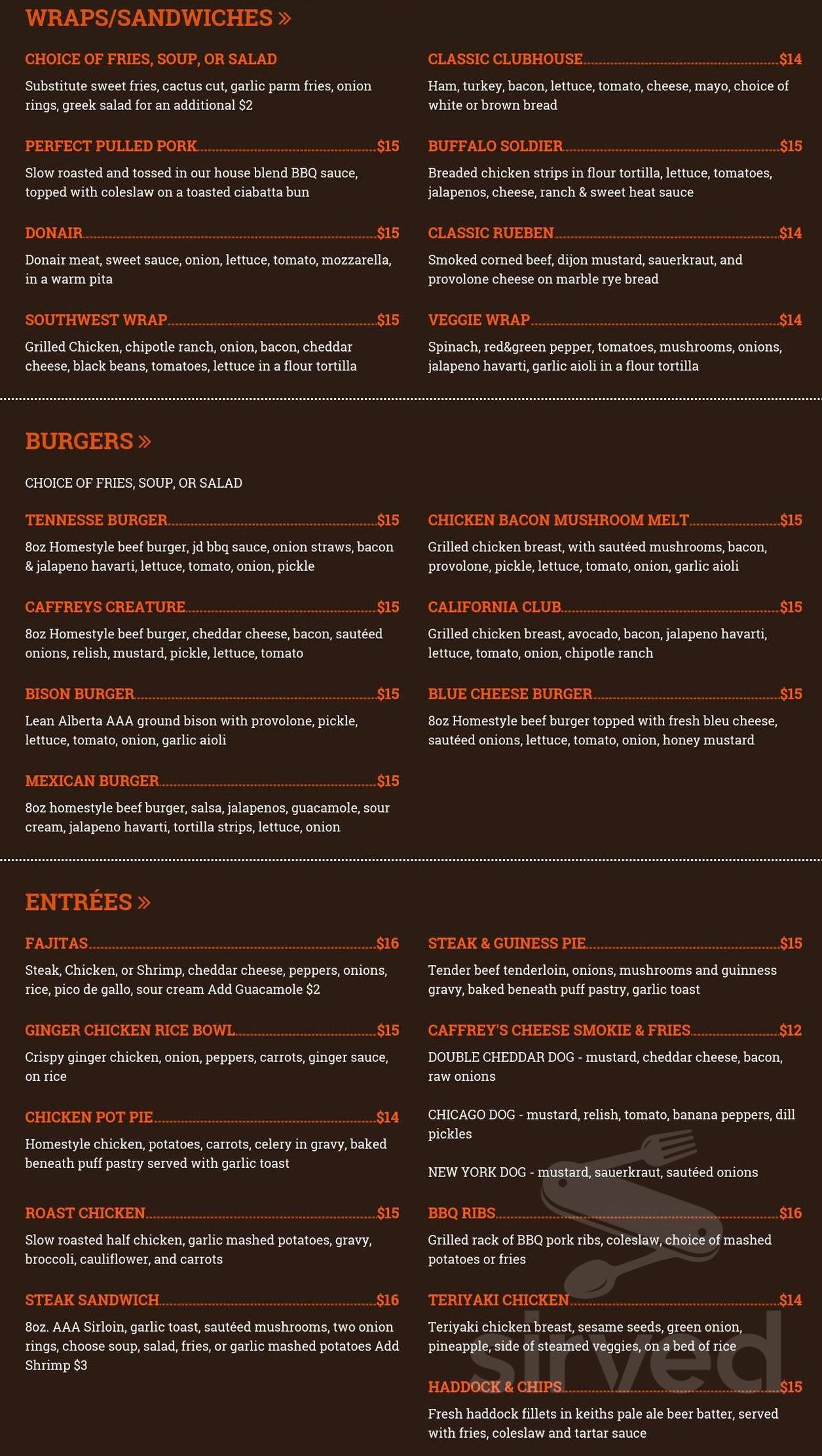 Caffrey's In The Park menu in Sherwood Park, Alberta, Canada
