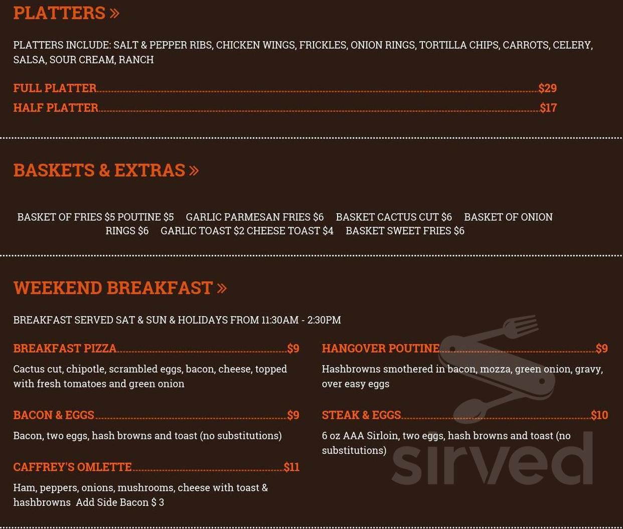 Caffrey's In The Park menus in Sherwood Park, Alberta, Canada