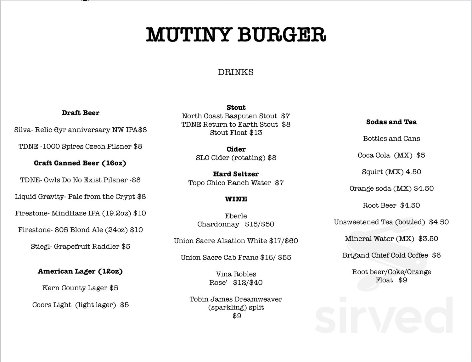 Mutiny Burger menu in Paso Robles, California, USA