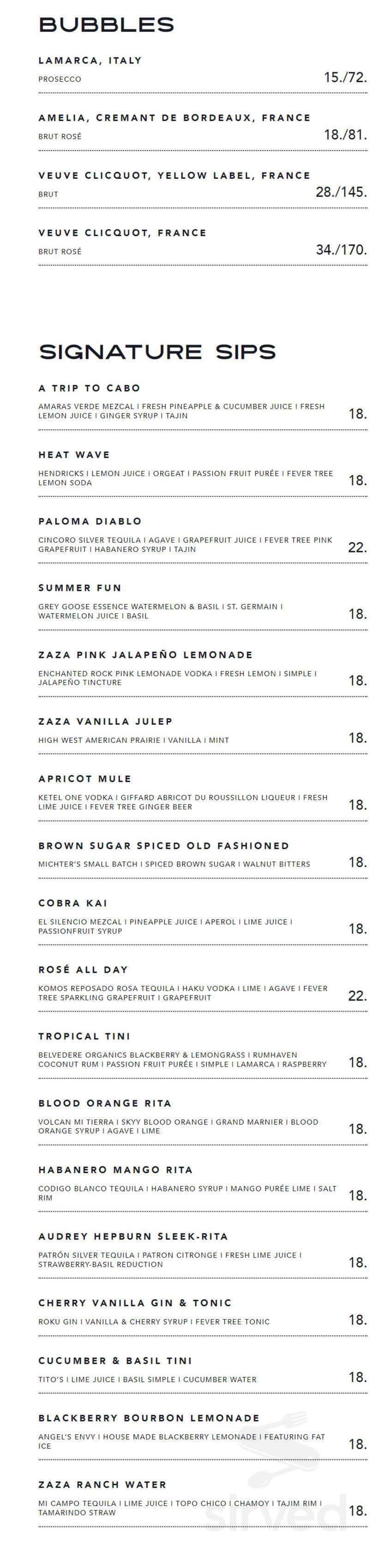 Hotel ZaZa Memorial City menu in Houston, Texas, USA