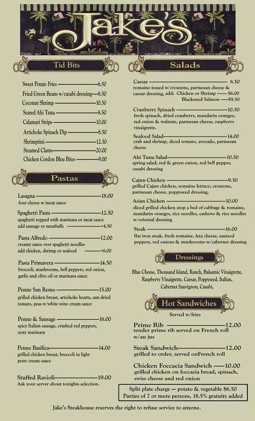 Jake's Steakhouse menu in Tehachapi, California, USA