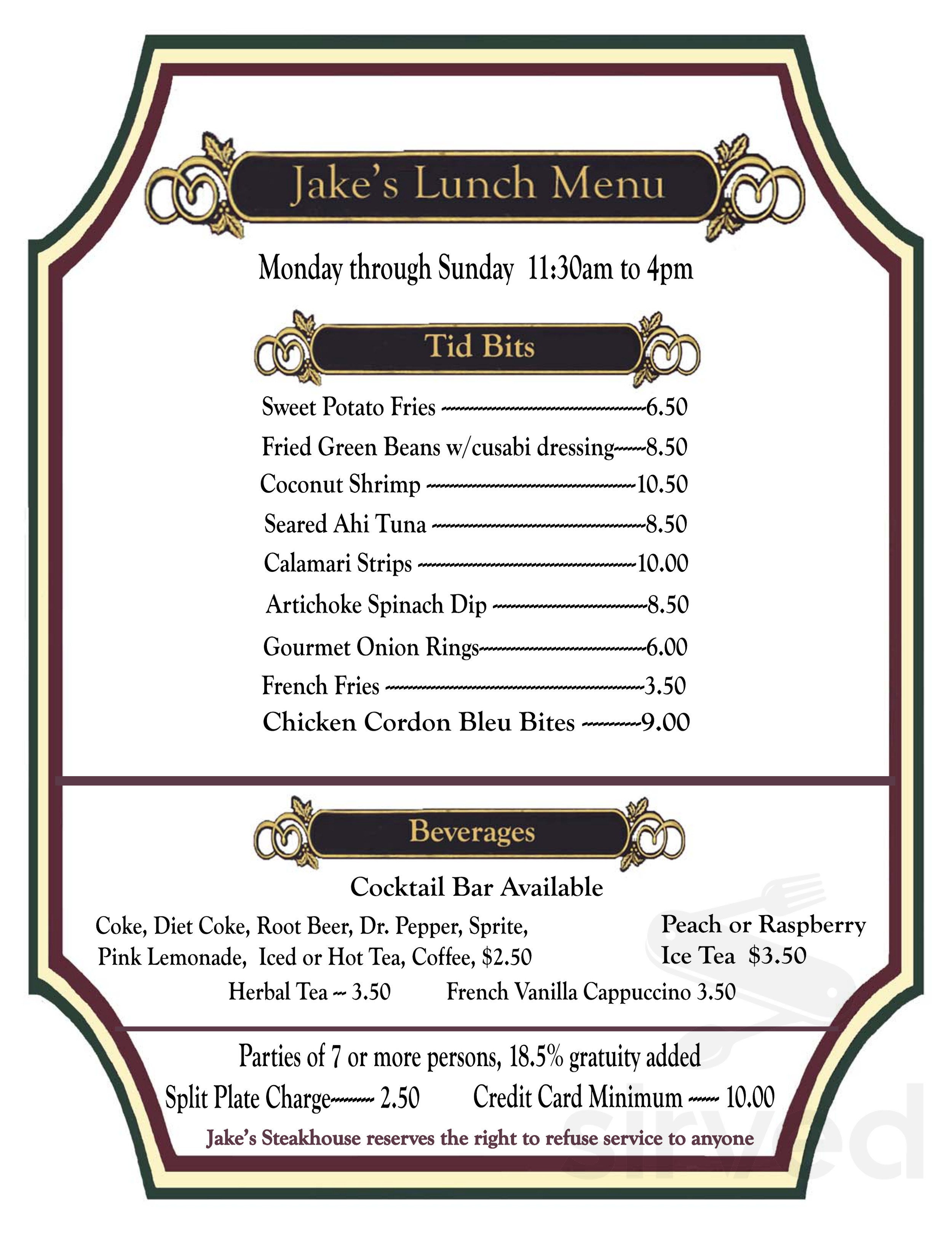 Jake's Steakhouse menu in Tehachapi, California, USA