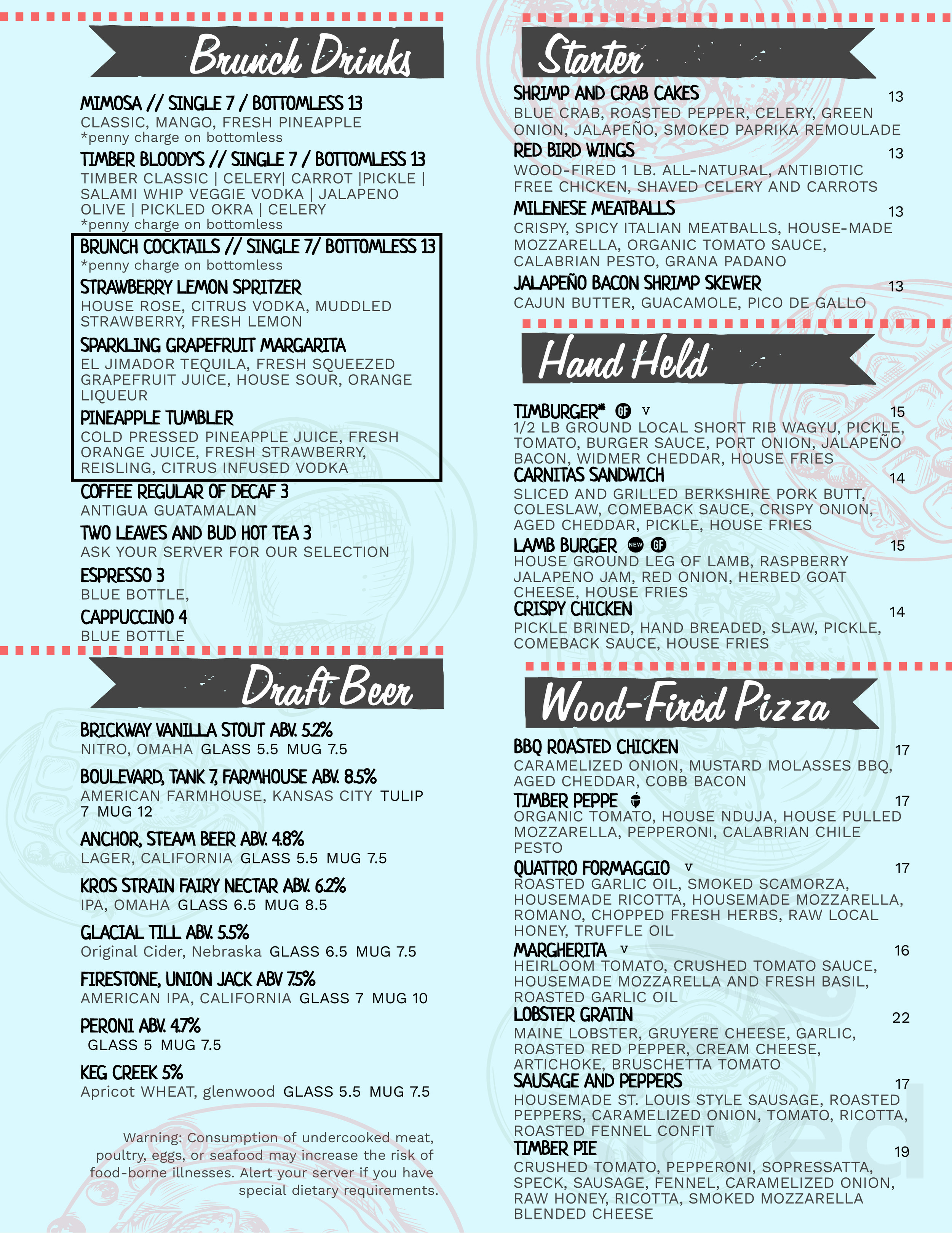 Timber Wood Fire Bistro menu in Omaha, Nebraska, USA