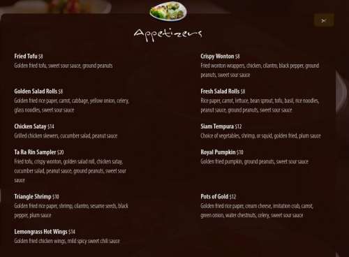 Ta Ra Rin Thai Cuisine-Coburg Road menu in Eugene, Oregon, USA