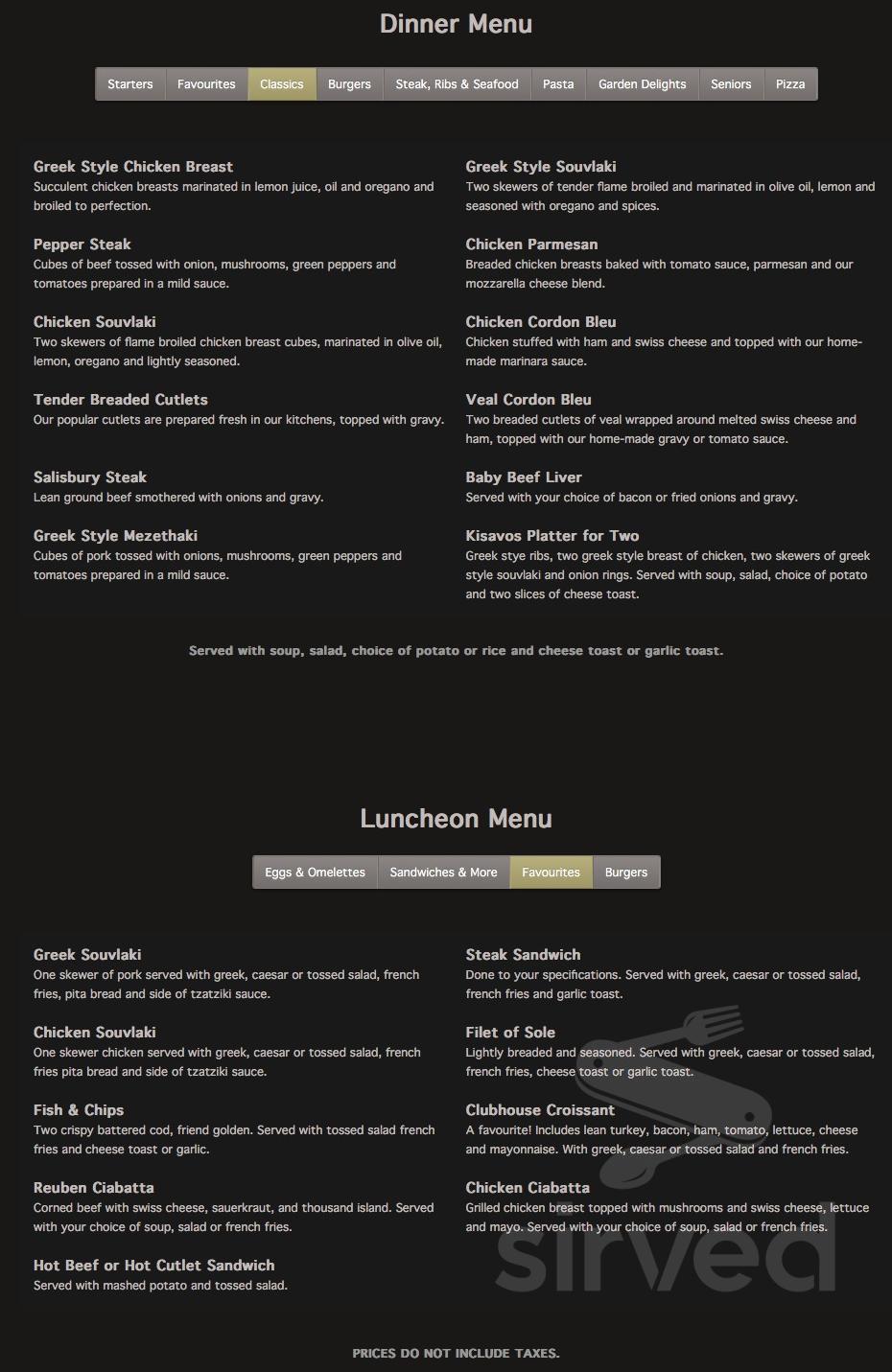Kisavos Restaurant & Lounge menu in Saskatoon, Saskatchewan, Canada