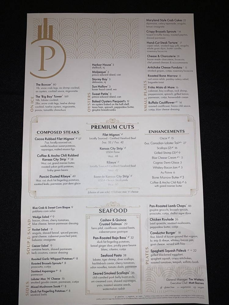 Pierpont's at Union Station menu in Kansas City, Missouri, USA