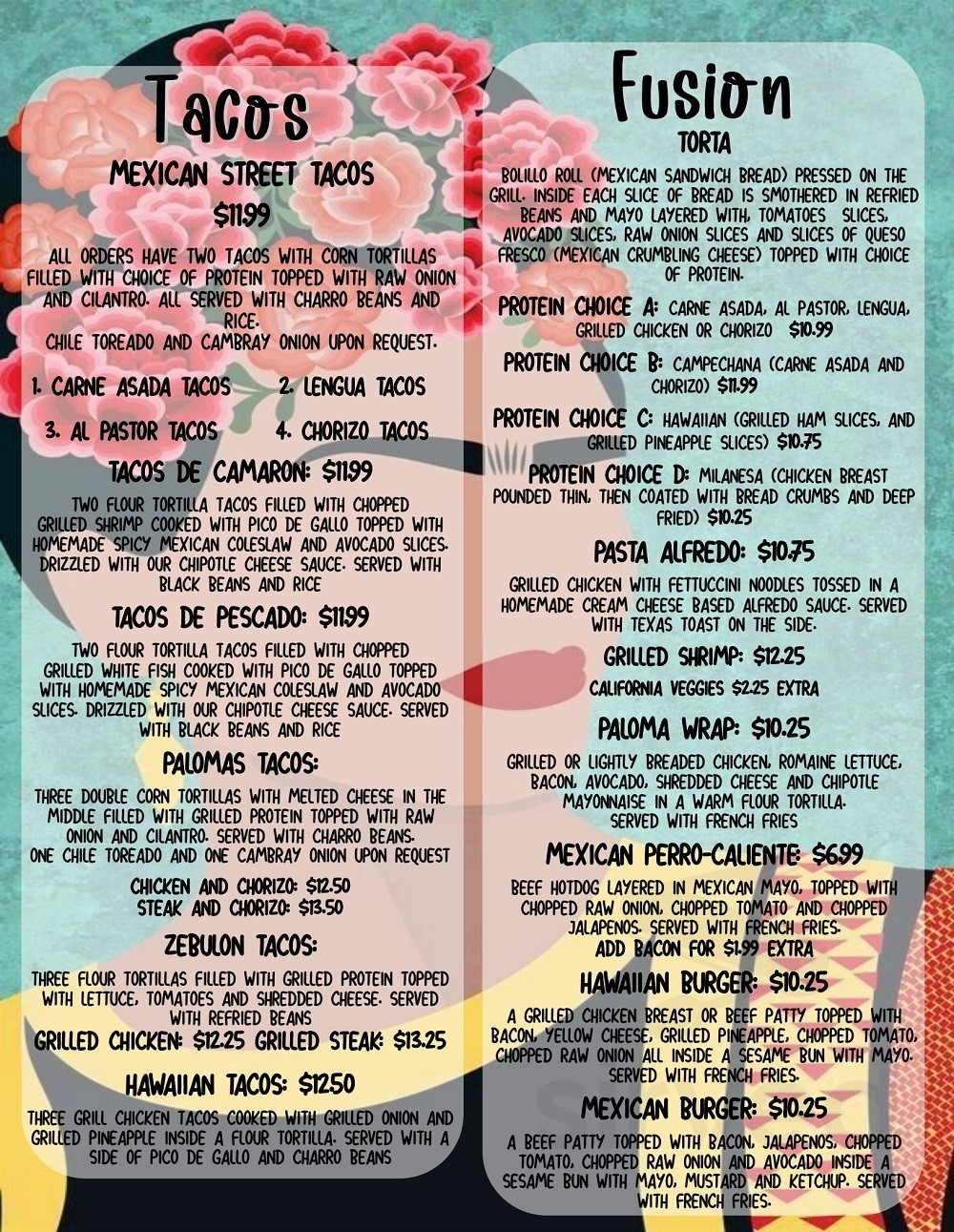 Palomas Mex Grill menu in Zebulon, Georgia, USA