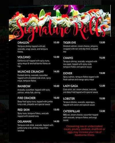 Chaiyo Sushi & Thai menu in Dover, Delaware, USA