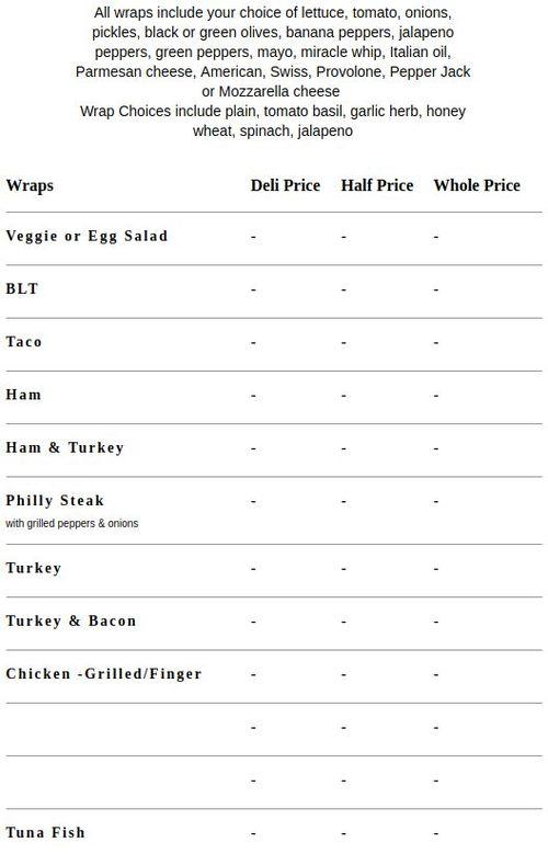 Short's Deli menu in Wellsville, New York, USA