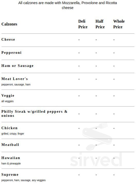 Short's Deli menu in Wellsville, New York, USA