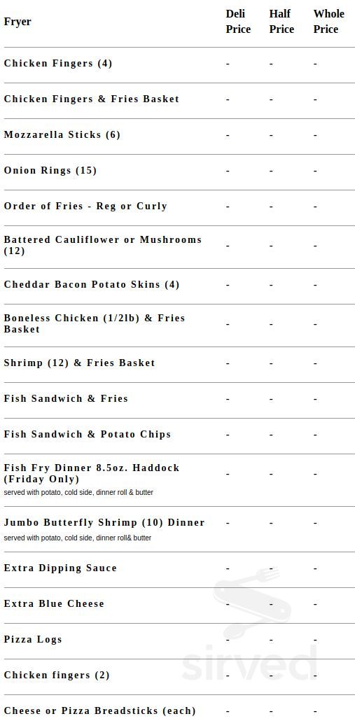 Short's Deli menu in Wellsville, New York, USA