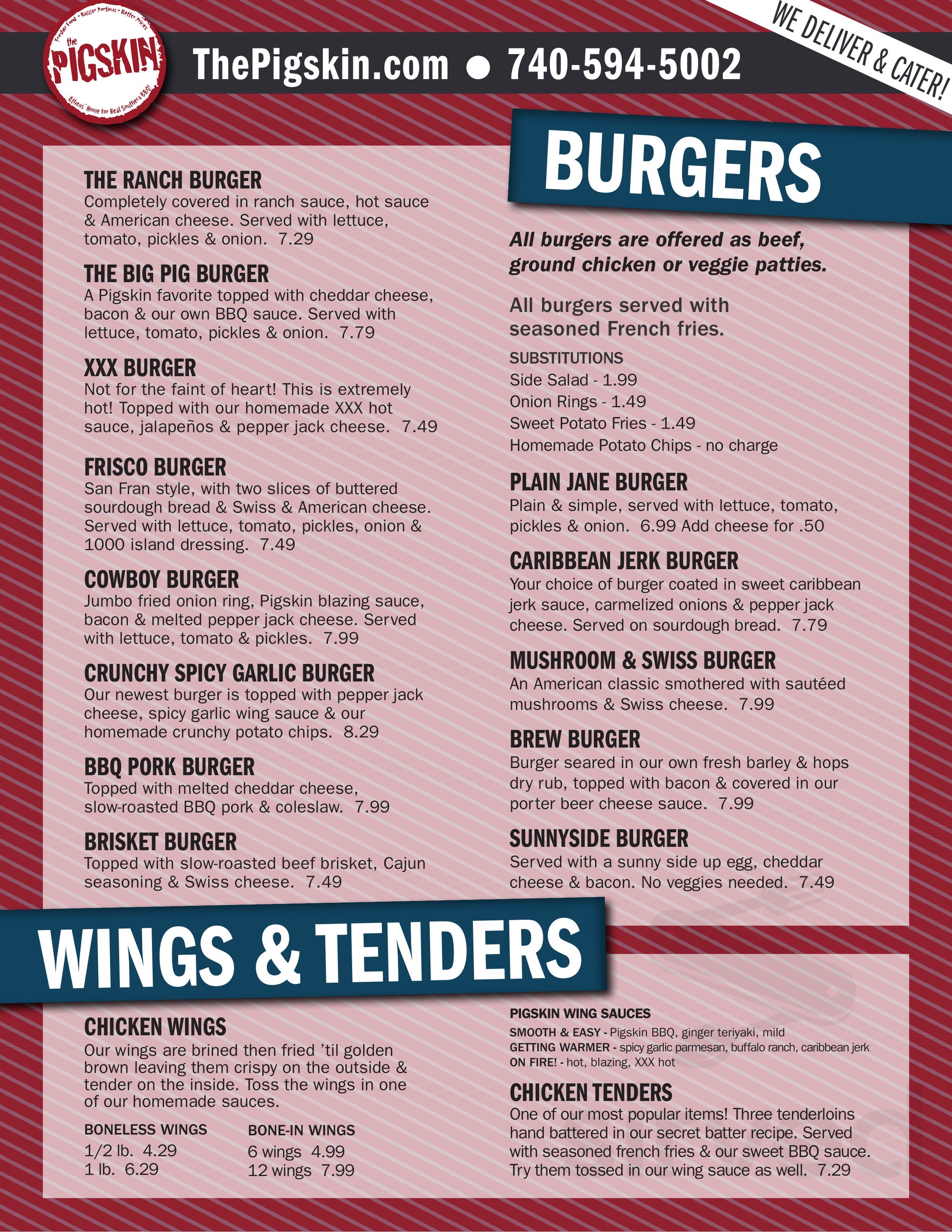 The Pigskin Bar and Grille menu in Athens, Ohio, USA