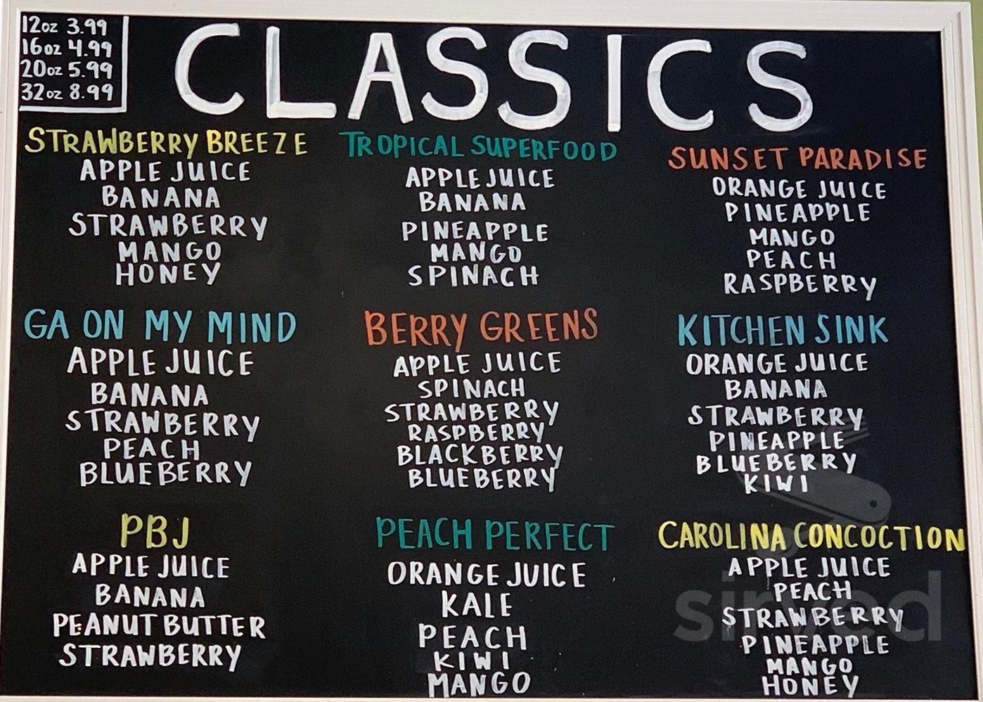 The Main Squeeze menu in Mt Pleasant, South Carolina, USA