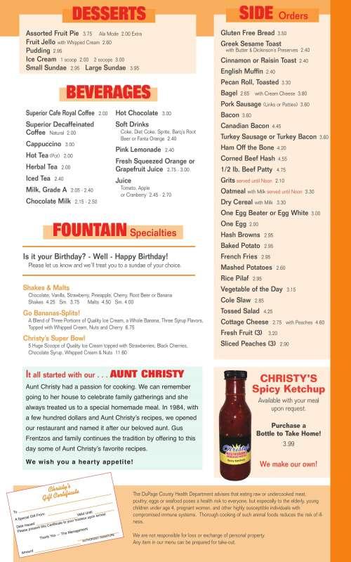 Christy's menu in Wood Dale, Illinois, USA