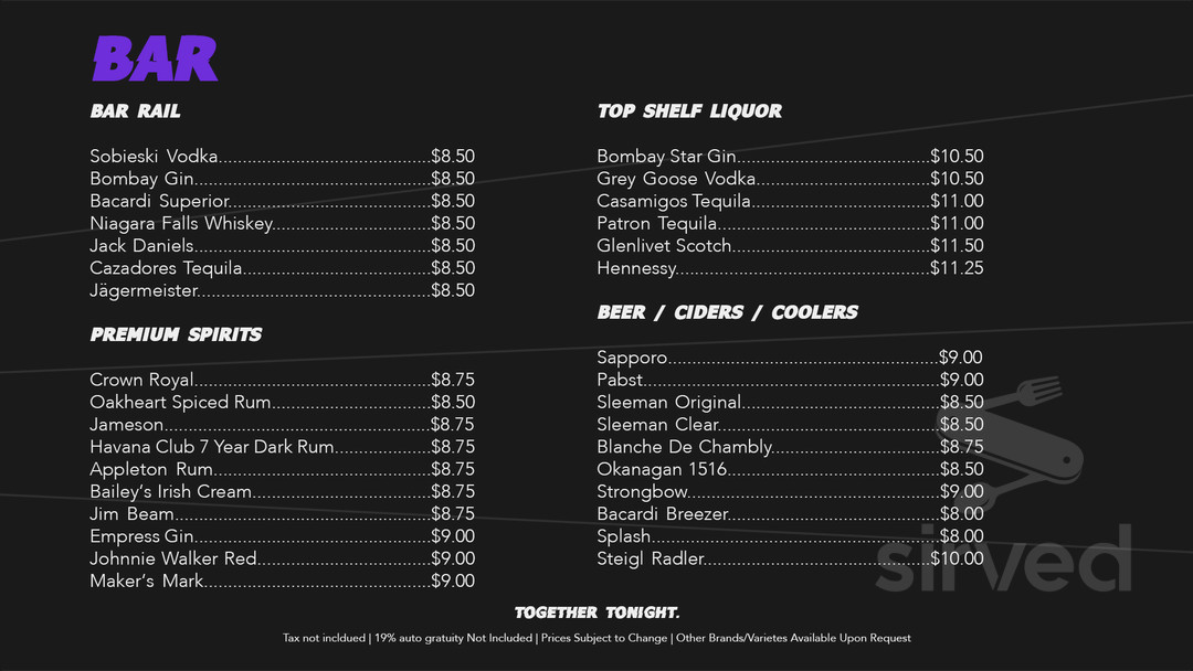 Coda menu in Toronto, Ontario, Canada