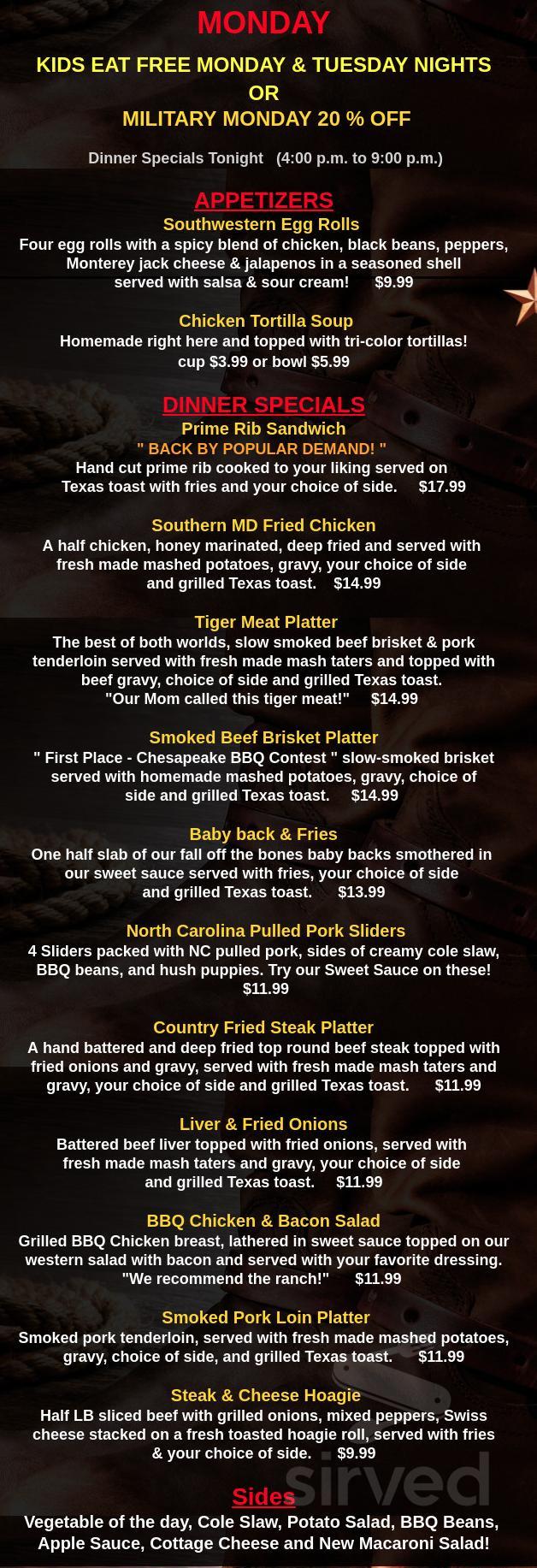 Texas Ribs & BBQ menu in Clinton, Maryland, USA