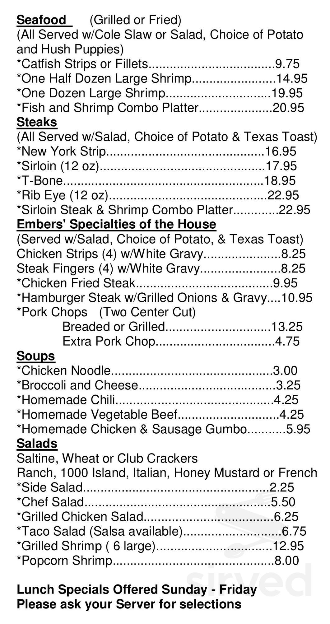 Embers Restaurant of La Inc menu in Winnfield, Louisiana, USA