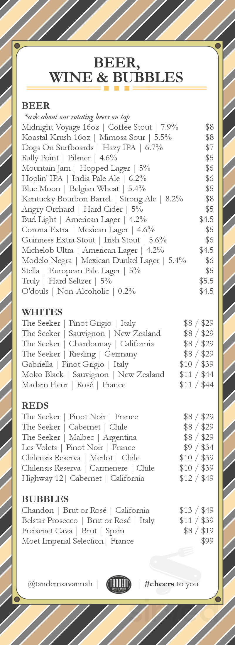 Menu for Tandem Coffee & Spirits in Savannah, GA | Sirved