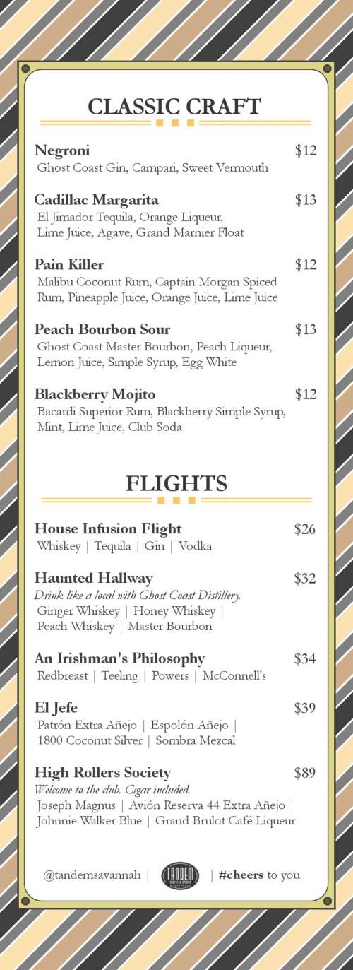 Tandem Coffee & Spirits menu in Savannah, Georgia, USA