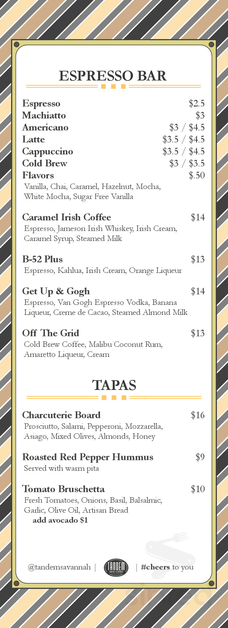 Tandem Coffee & Spirits menu in Savannah, Georgia, USA
