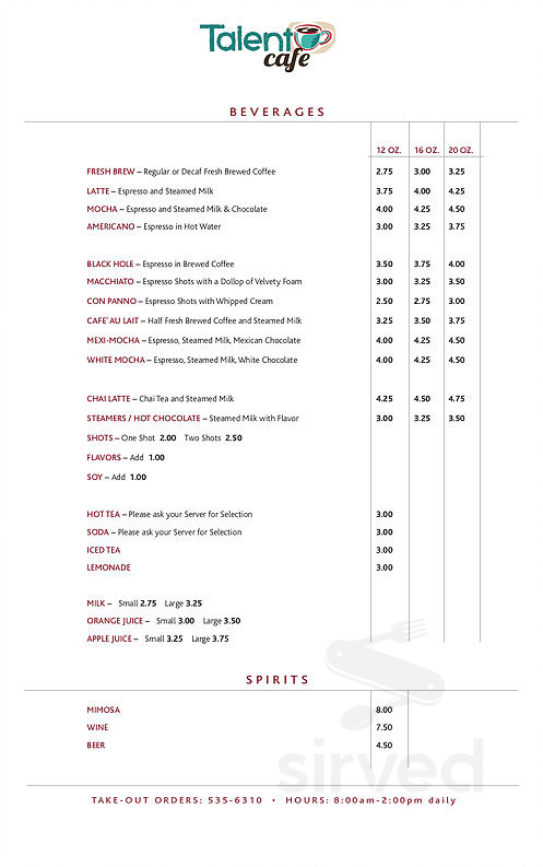 Talent Cafe menu in Talent, Oregon, USA
