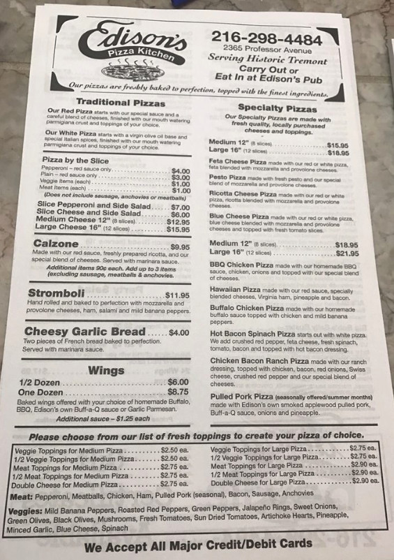 Menu - Cleveland OH's Edison's Pizza Kitchen | Sirved