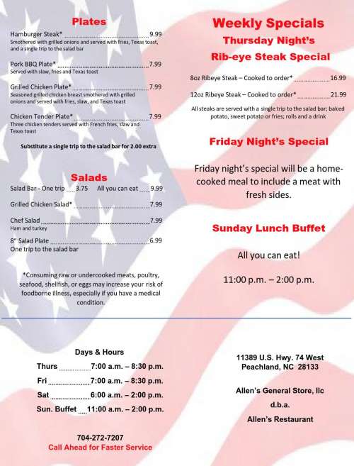 Allen's Restaurant menu in Peachland, North Carolina, USA