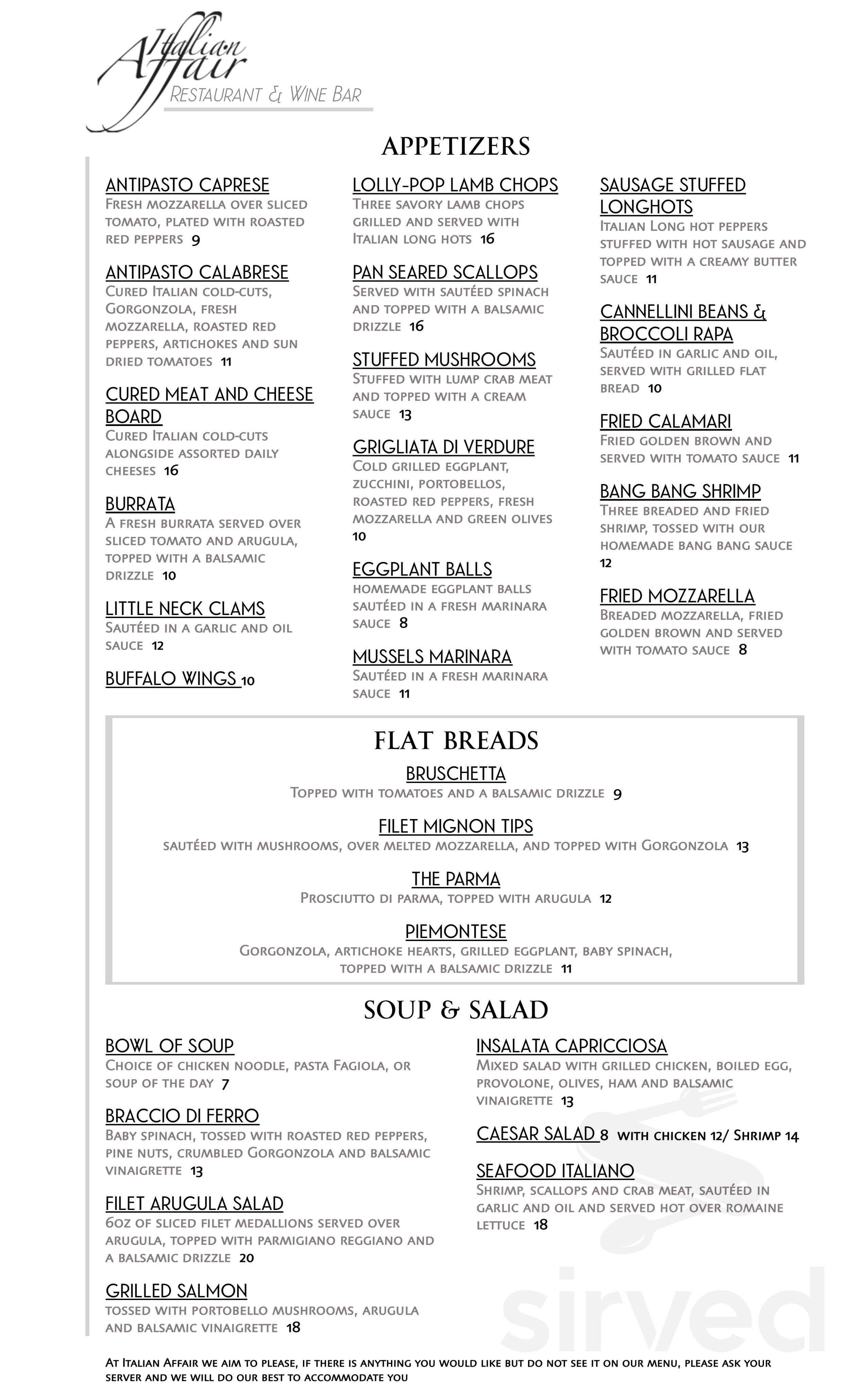 Italian Affair Restaurant menu in Glassboro, New Jersey, USA