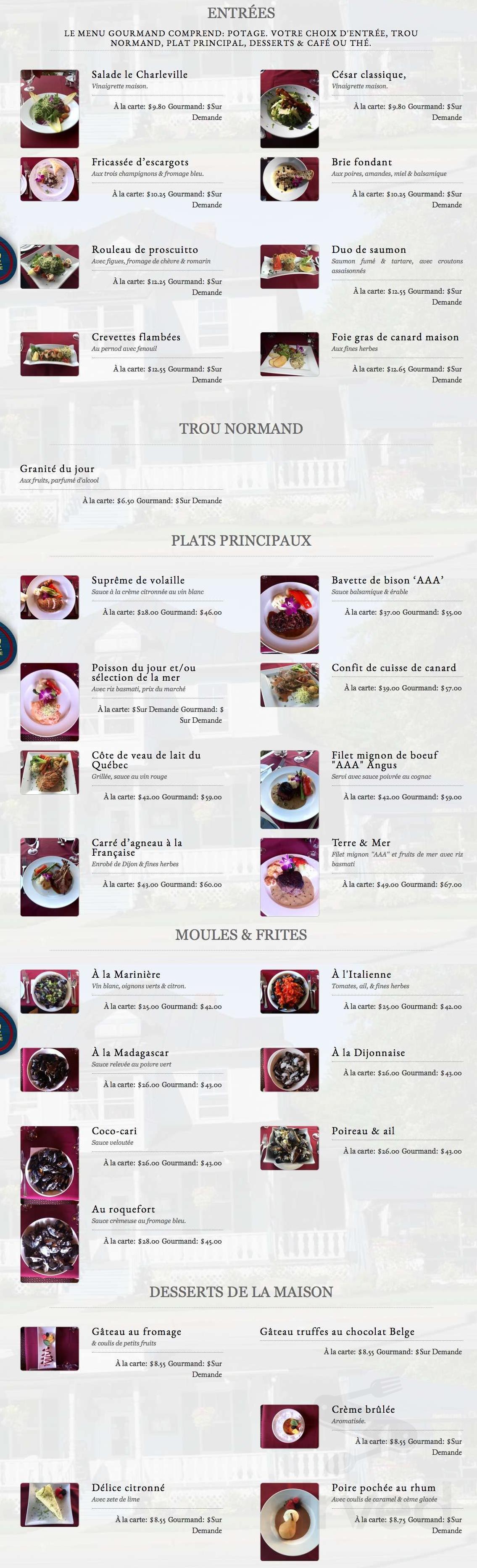 Menu for Le Charleville in Vaudreuil-Dorion, QC | Sirved