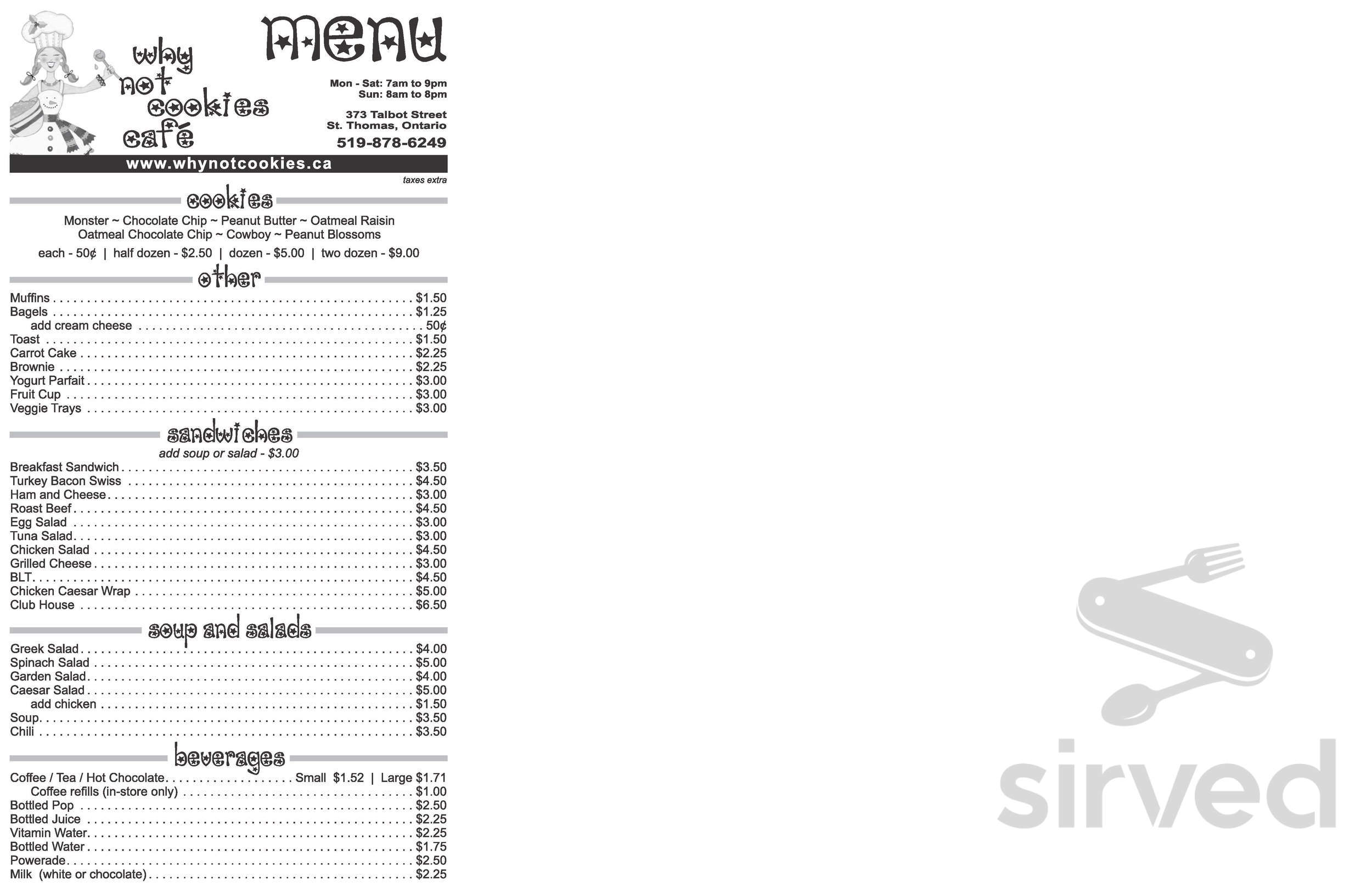 Menu - St Thomas ON's Why Not Cookies Cafe | Sirved