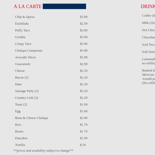 Tommy's Restaurant menu in San Antonio, Texas, USA