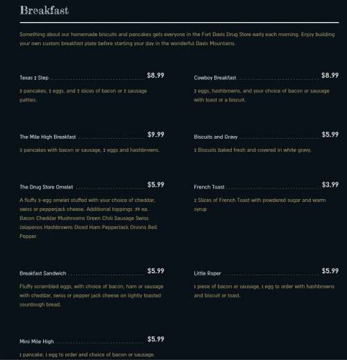 Fort Davis Drug Store menu in Fort Davis, Texas, USA