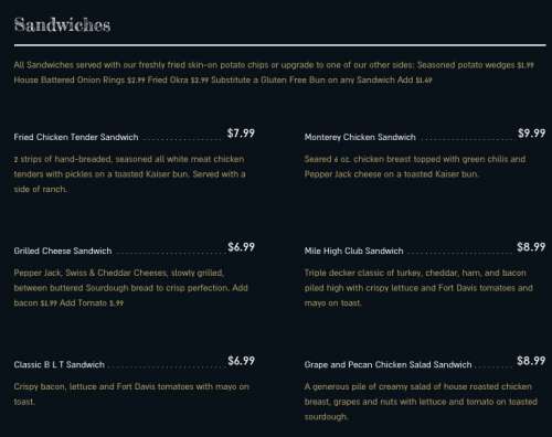 Fort Davis Drug Store menu in Fort Davis, Texas, USA