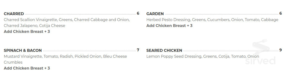 Charred Burger + Bar menu in Omaha, Nebraska, USA