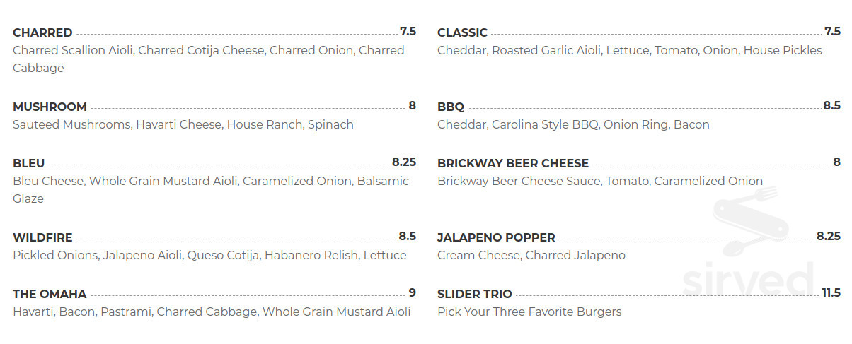 Menu - Omaha NE's Charred Burger + Bar | Sirved