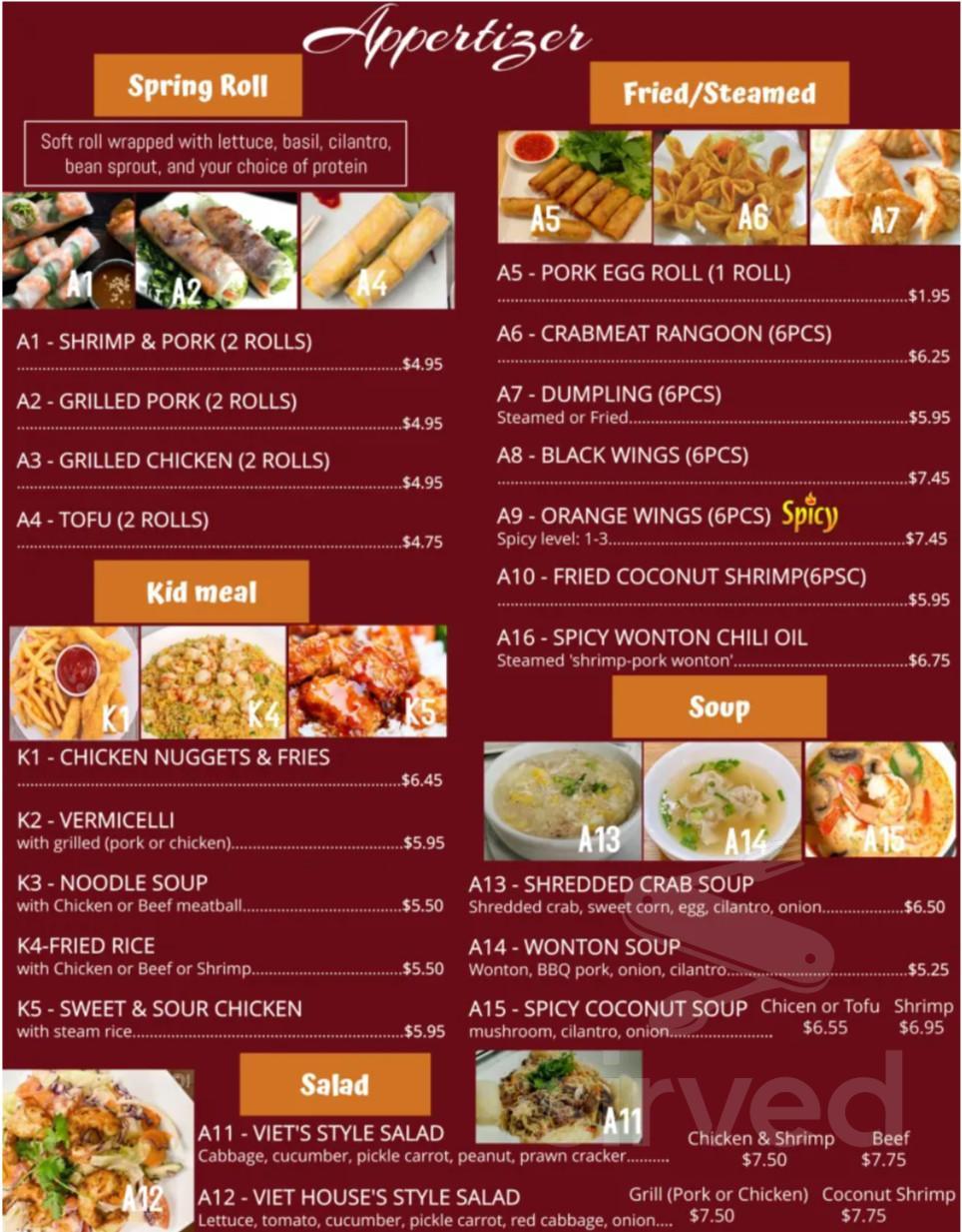 Viet House Restaurant menu in Huntsville, Alabama, USA