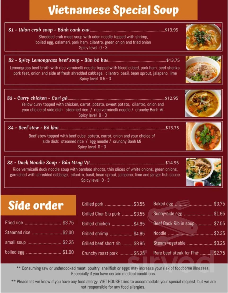 Viet House Restaurant menu in Huntsville, Alabama, USA
