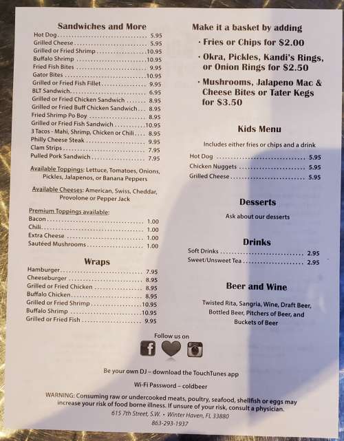 The Twisted Prop Bar & Grille menu in Winter Haven, Florida, USA