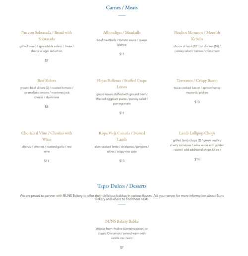 Palo menu in Providence, Rhode Island, USA