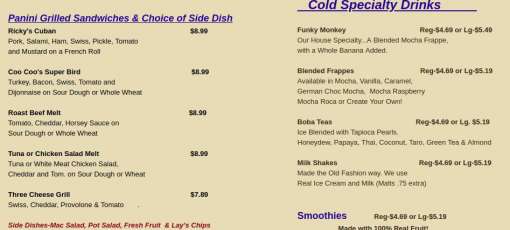 Menu for Coo Coo's Gourmet Coffee Cafe in Henderson, NV | Sirved